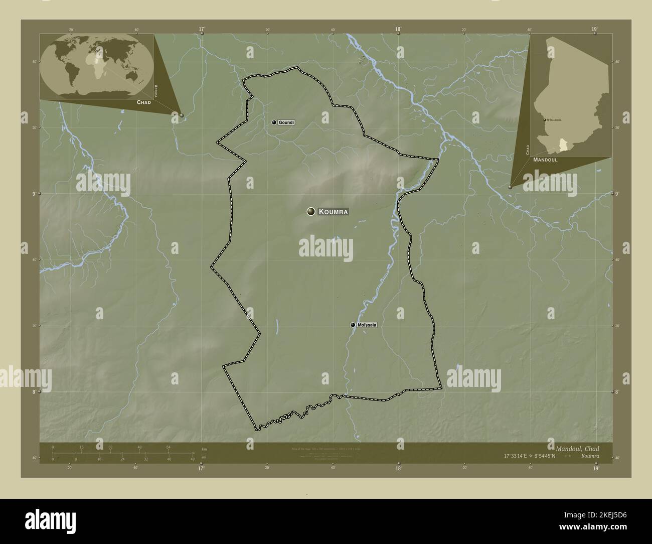 Mandoul, region of Chad. Elevation map colored in wiki style with lakes ...