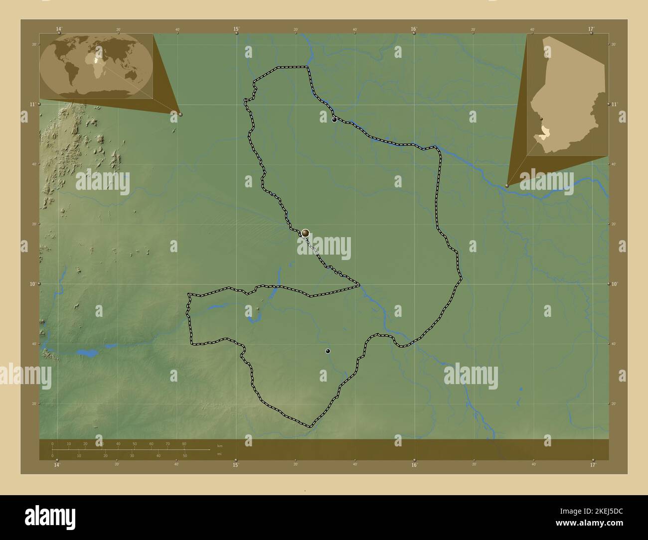 Mayo-Kebbi Est, region of Chad. Colored elevation map with lakes and ...