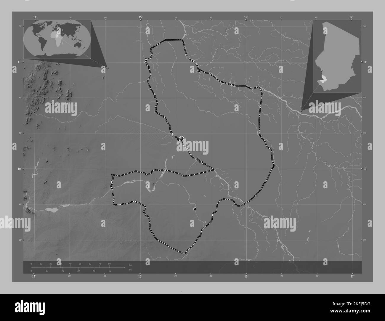 Mayo-Kebbi Est, region of Chad. Grayscale elevation map with lakes and ...