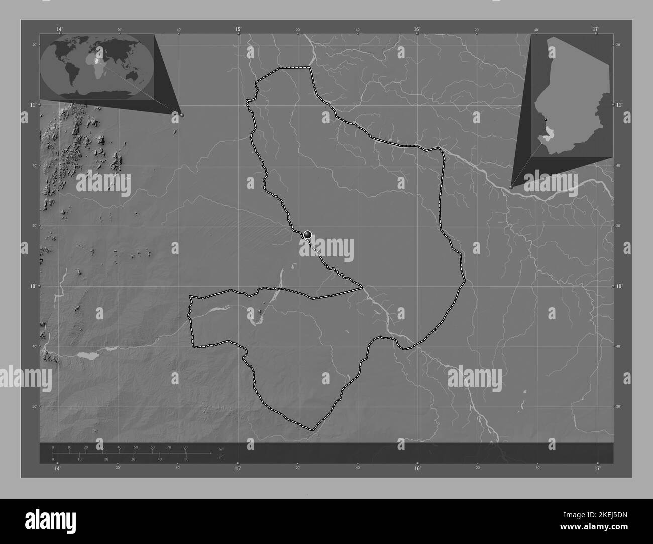 Mayo-Kebbi Est, region of Chad. Bilevel elevation map with lakes and ...