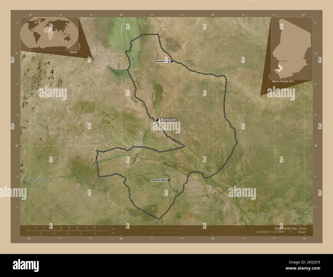 Mayo-Kebbi Est, region of Chad. Low resolution satellite map. Locations ...