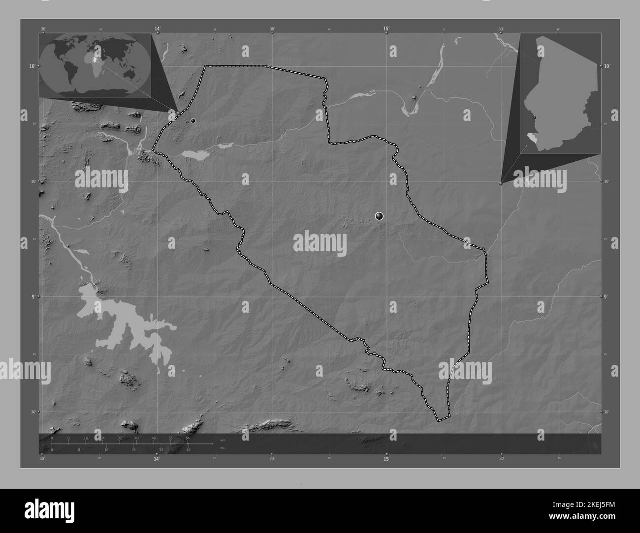 Mayo-Kebbi Ouest, region of Chad. Bilevel elevation map with lakes and ...