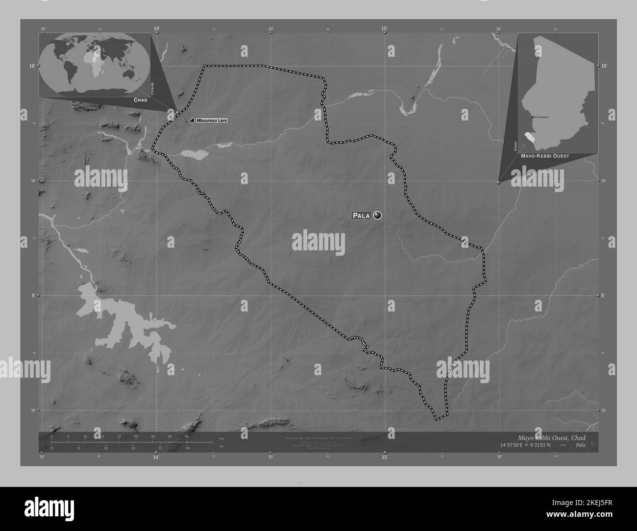 Mayo-Kebbi Ouest, region of Chad. Grayscale elevation map with lakes ...