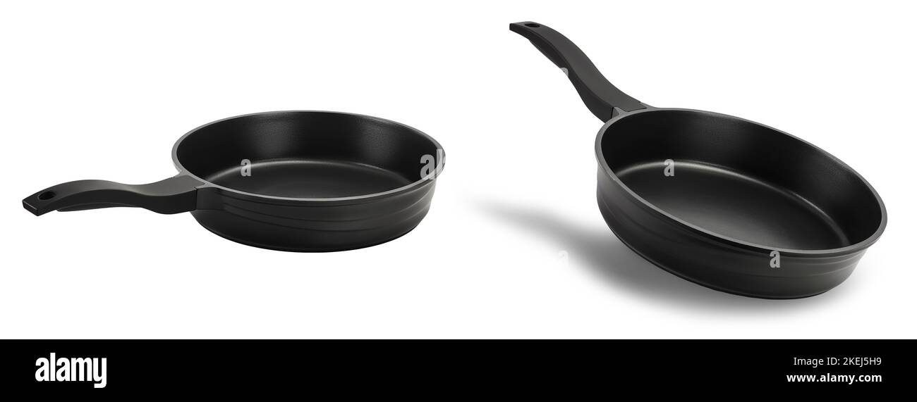 black frying pan with a non-stick coating isolated on white background ...