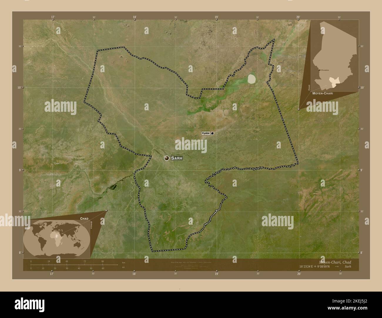 Moyen-Chari, region of Chad. Low resolution satellite map. Locations ...