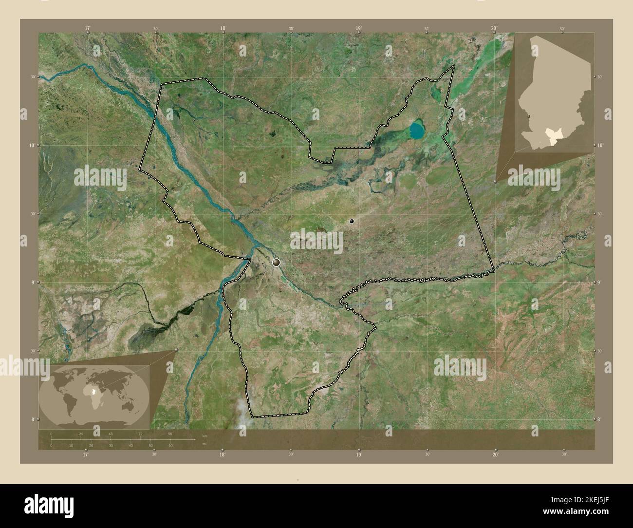 Moyen-Chari, region of Chad. High resolution satellite map. Locations ...