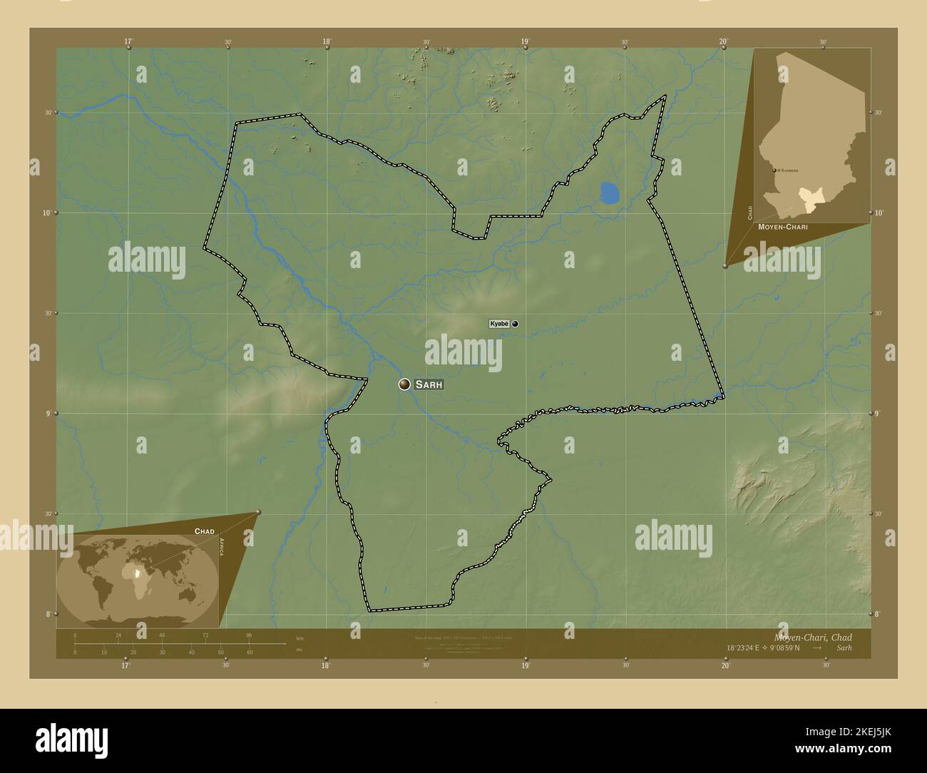 Moyen-Chari, region of Chad. Colored elevation map with lakes and ...