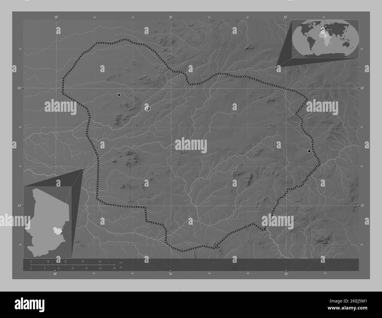 Ouaddai, region of Chad. Grayscale elevation map with lakes and rivers. Locations of major ...