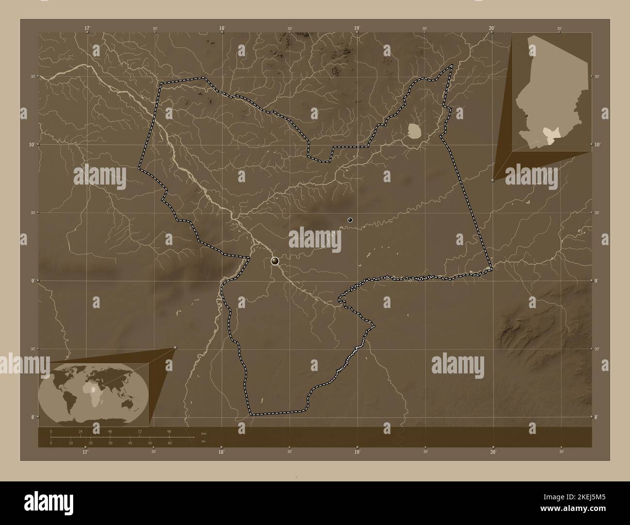 Moyen-Chari, region of Chad. Elevation map colored in sepia tones with ...