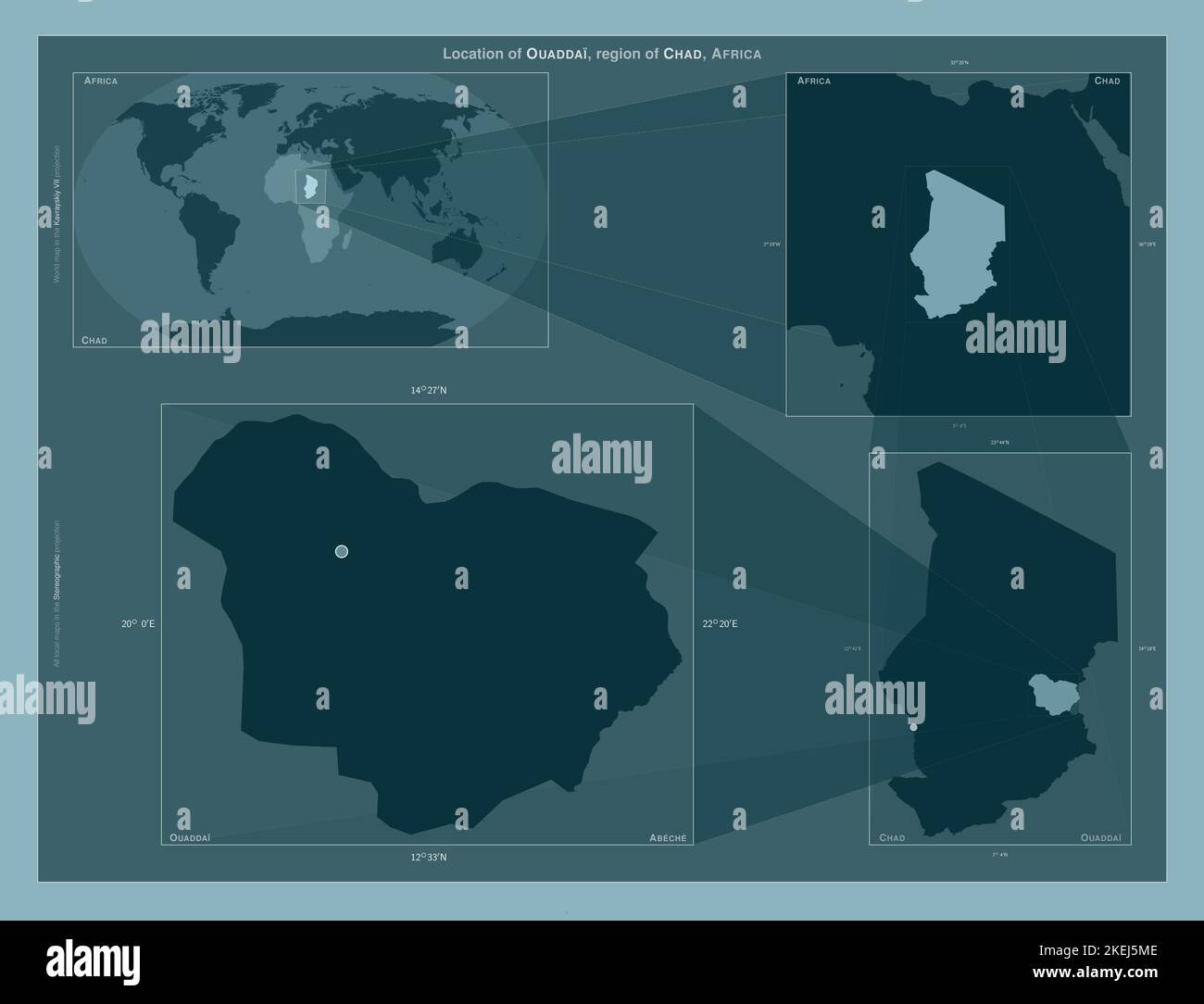 Ouaddai, region of Chad. Diagram showing the location of the region on larger-scale maps ...