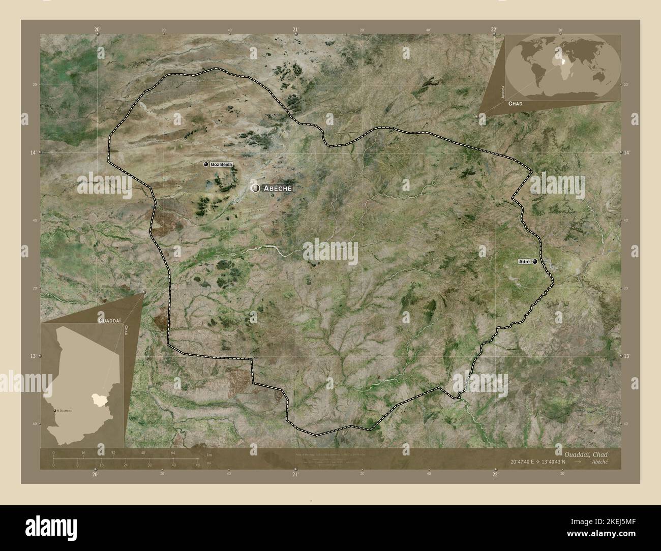 Ouaddai, region of Chad. High resolution satellite map. Locations and names of major cities of ...