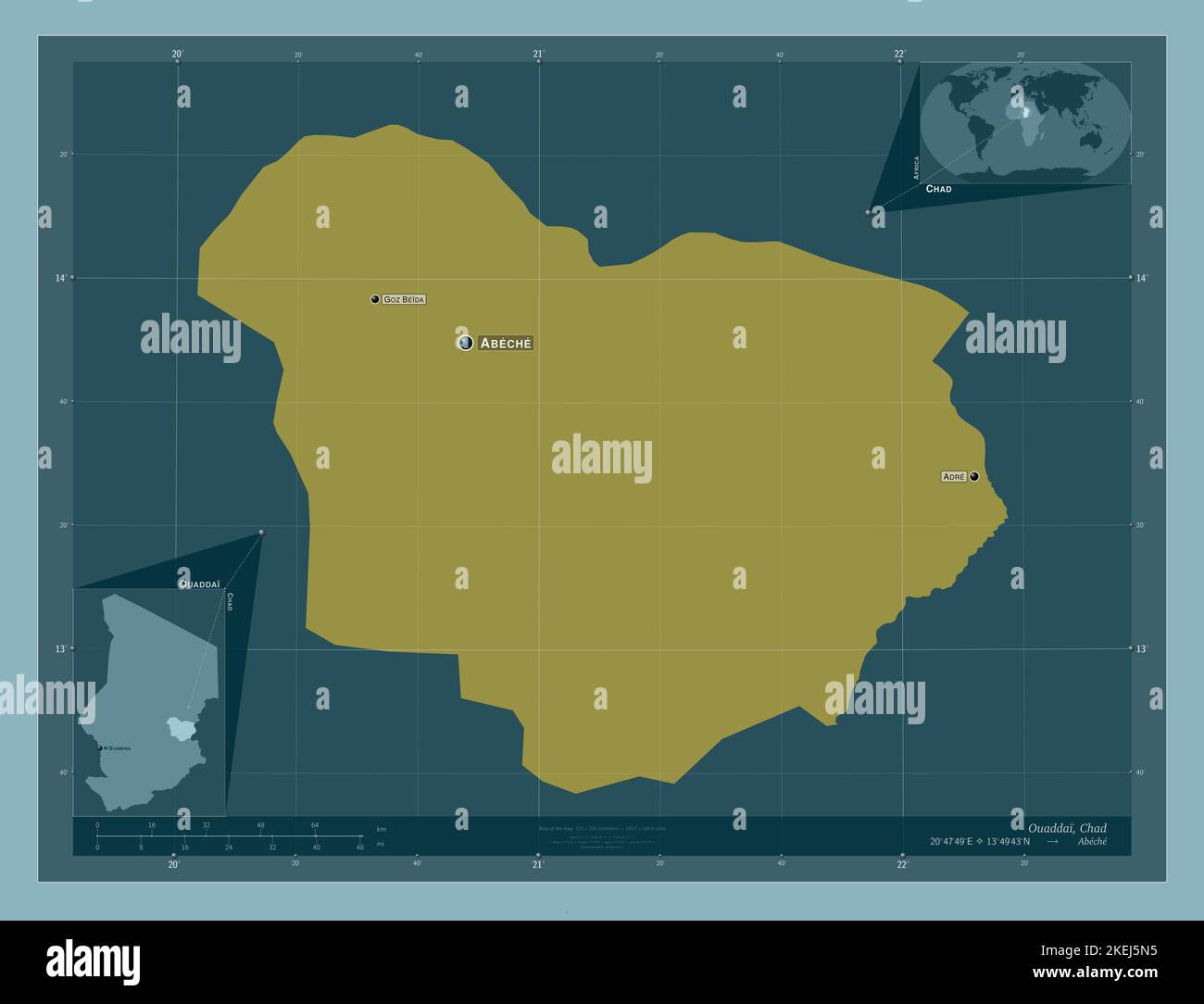 Ouaddai, region of Chad. Solid color shape. Locations and names of major cities of the region ...