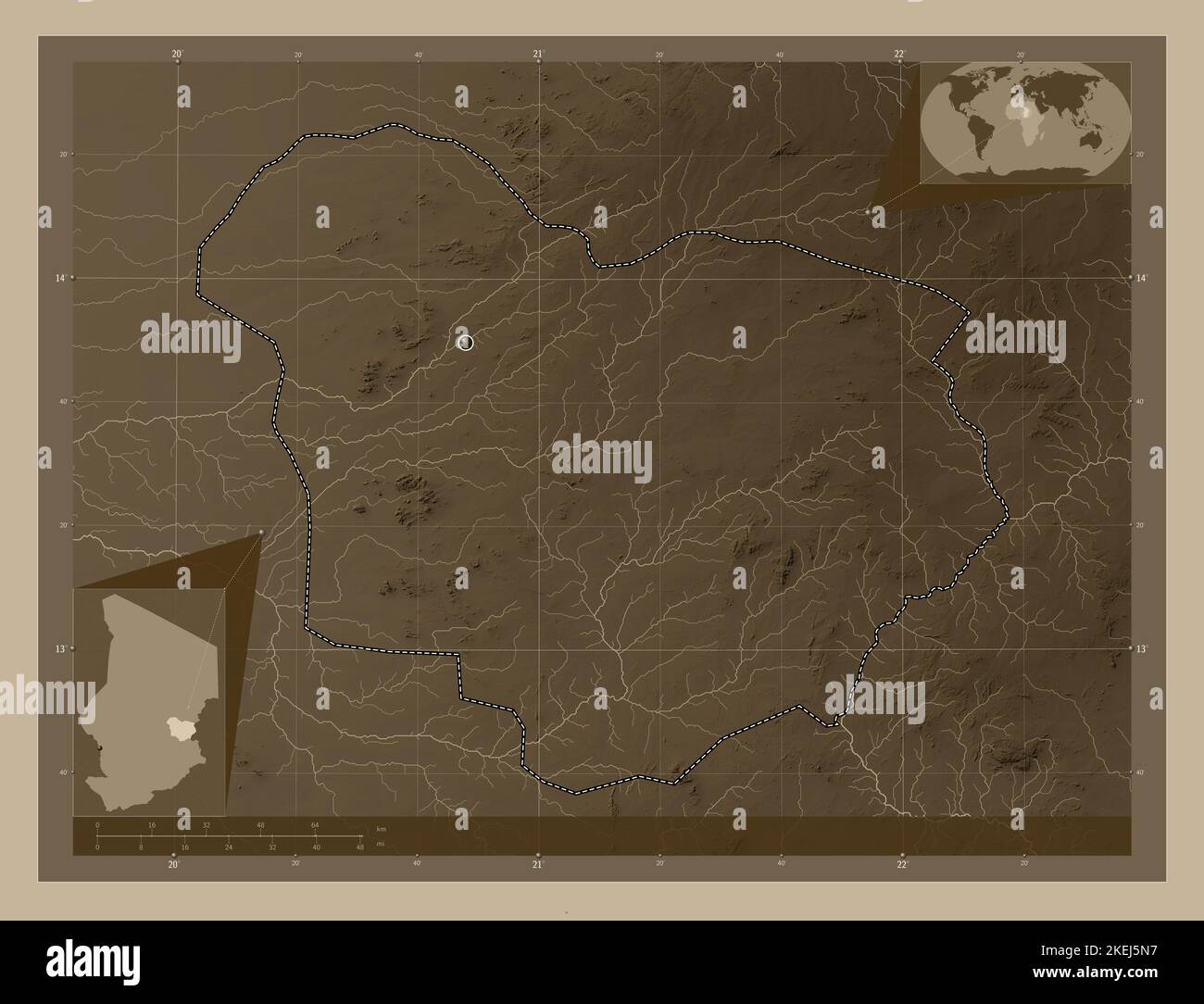 Ouaddai, region of Chad. Elevation map colored in sepia tones with ...