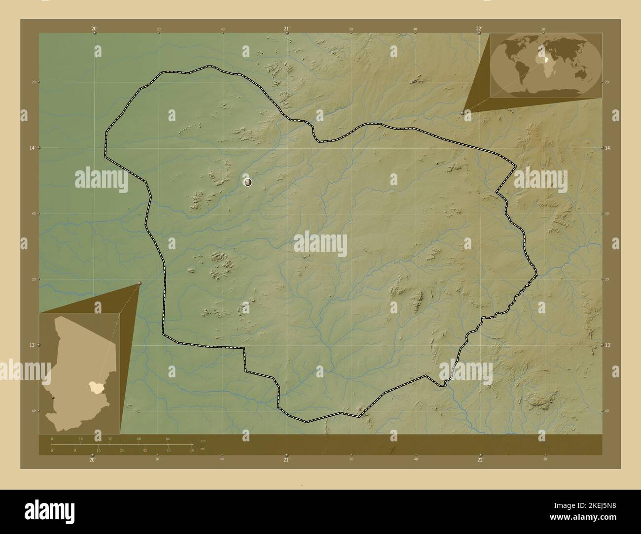 Ouaddai, region of Chad. Colored elevation map with lakes and rivers. Corner auxiliary location ...