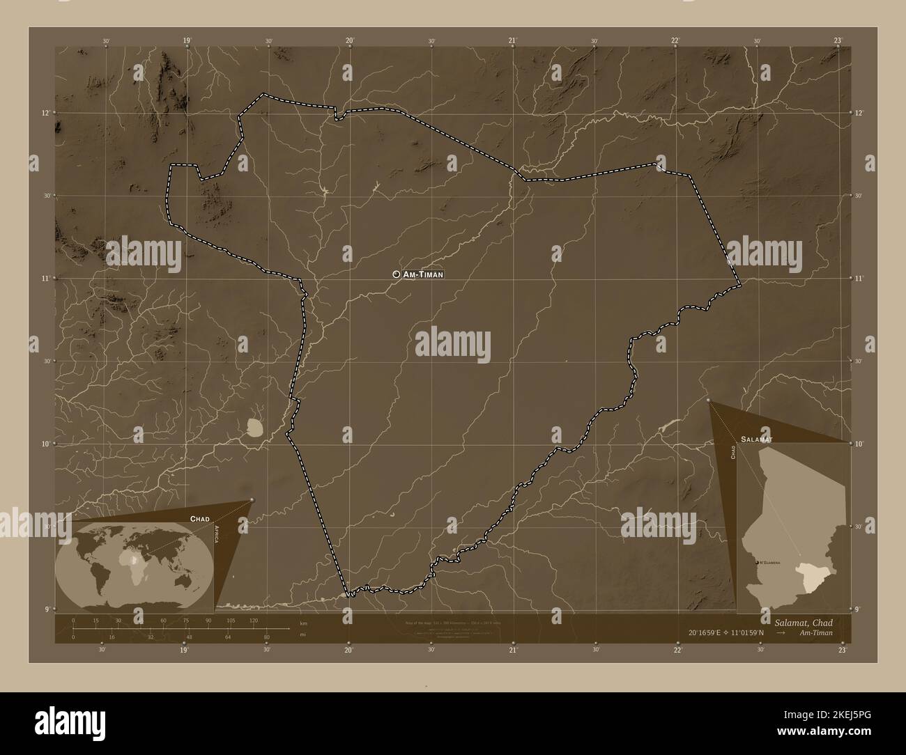 Salamat, region of Chad. Elevation map colored in sepia tones with ...