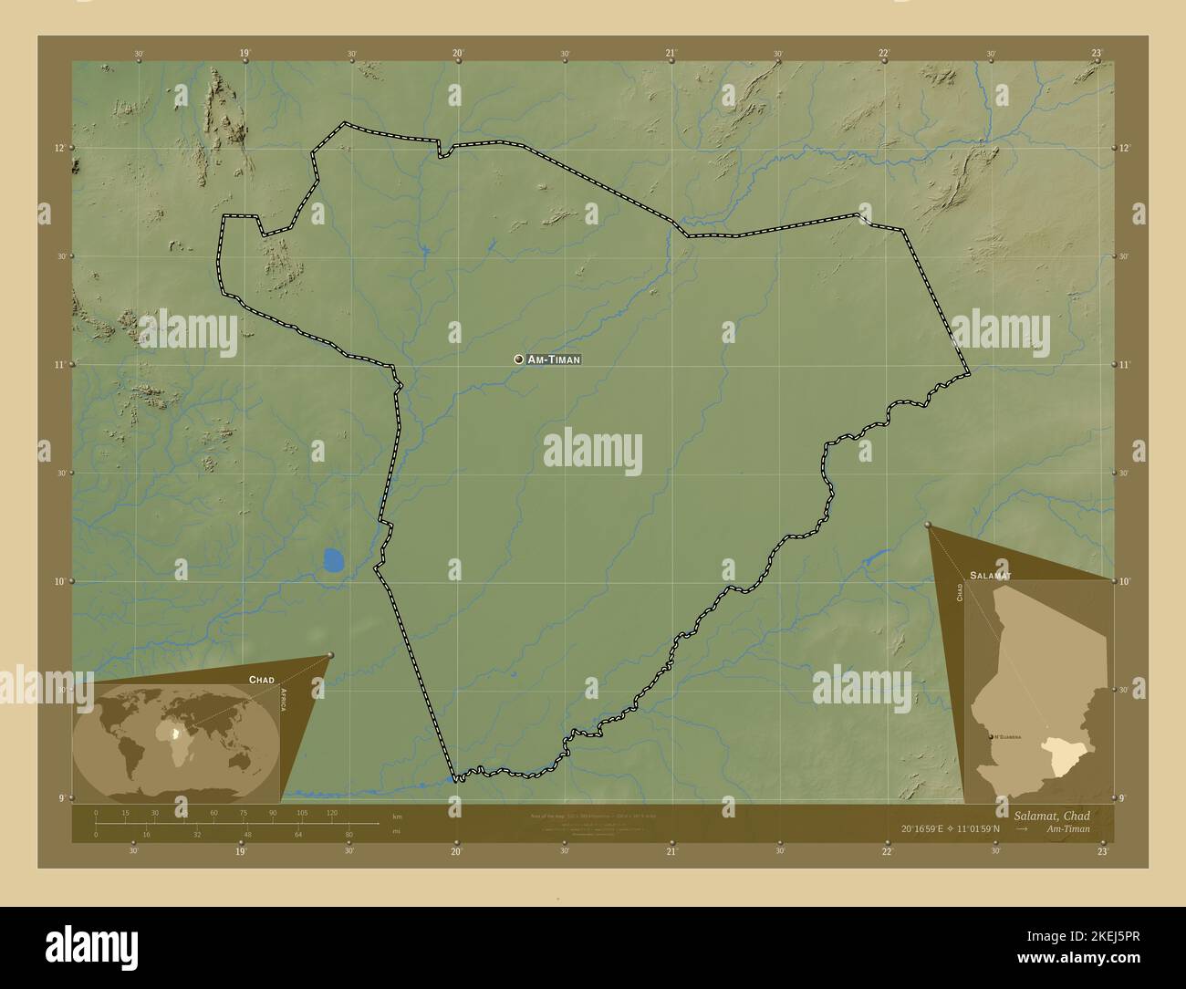 Salamat, region of Chad. Colored elevation map with lakes and rivers ...