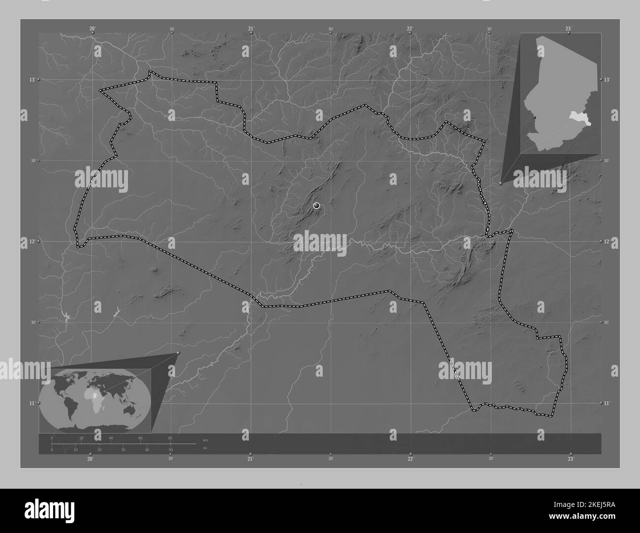 Sila, region of Chad. Grayscale elevation map with lakes and rivers ...