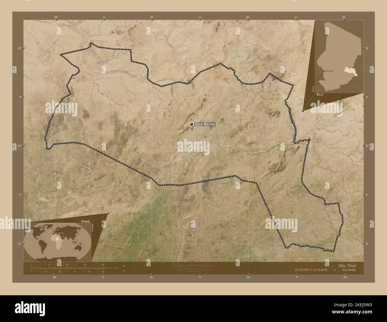 Sila, region of Chad. Low resolution satellite map. Locations and names ...