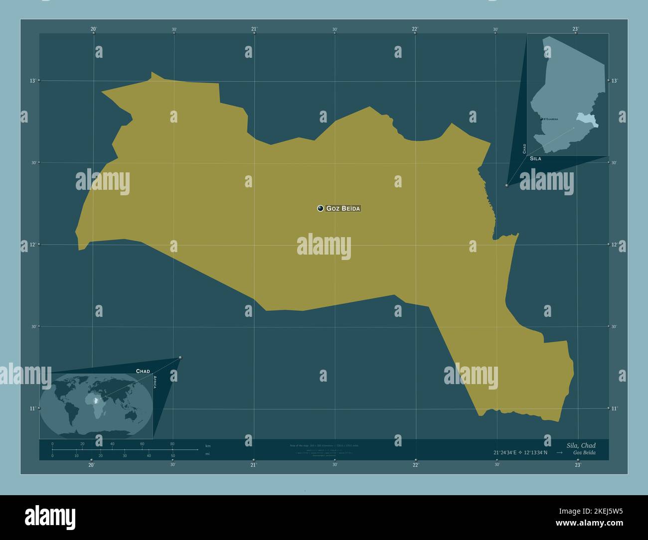 Sila, region of Chad. Solid color shape. Locations and names of major ...
