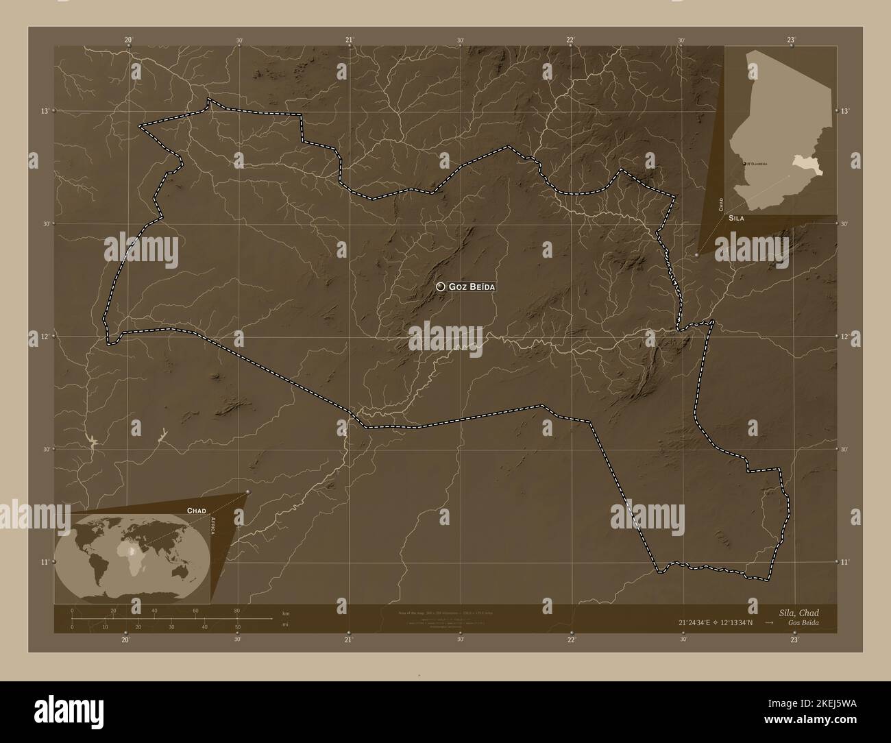 Sila, region of Chad. Elevation map colored in sepia tones with lakes ...