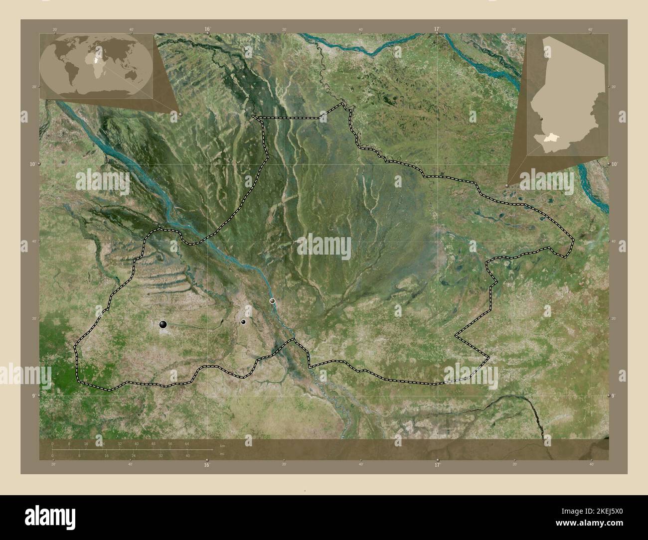 Tandjile, region of Chad. High resolution satellite map. Locations of ...
