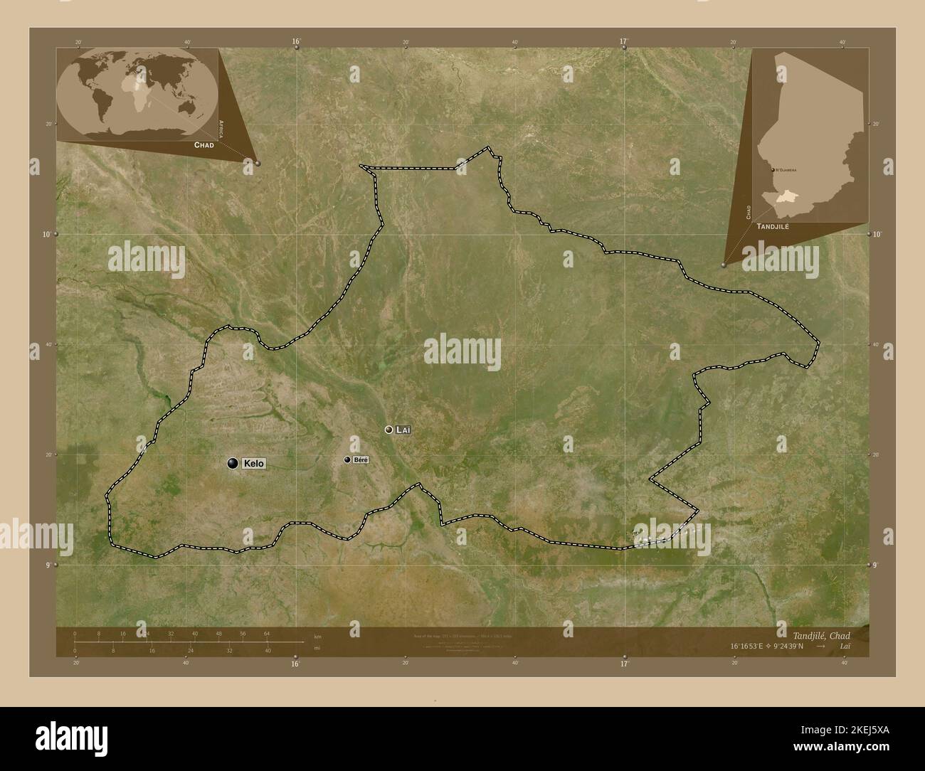 Tandjile, region of Chad. Low resolution satellite map. Locations and ...