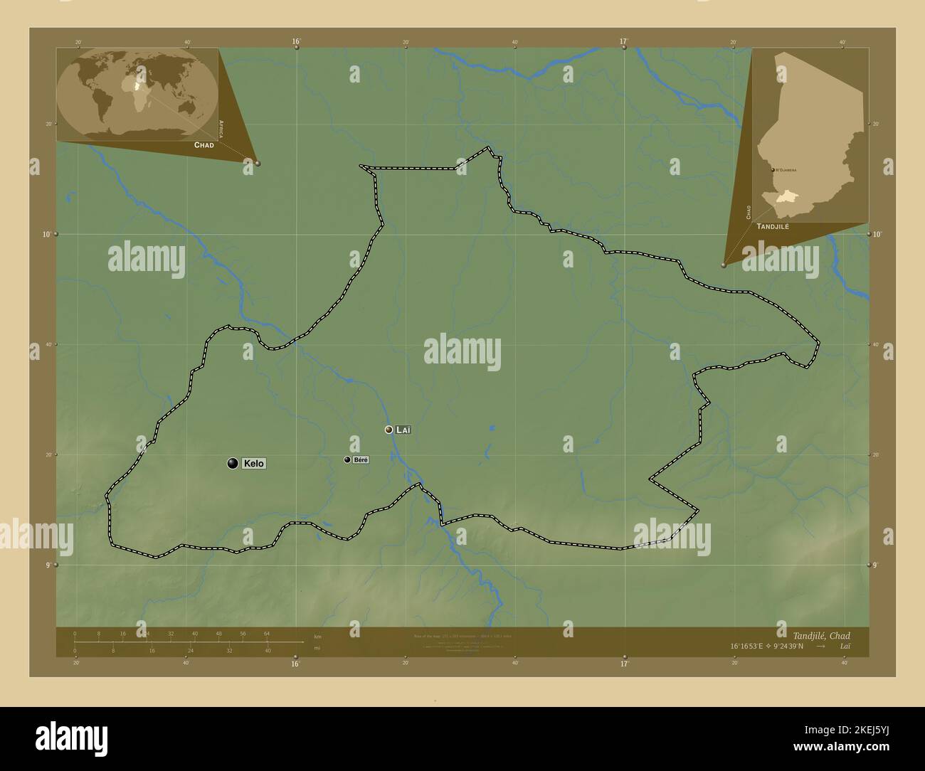 Tandjile, region of Chad. Colored elevation map with lakes and rivers ...