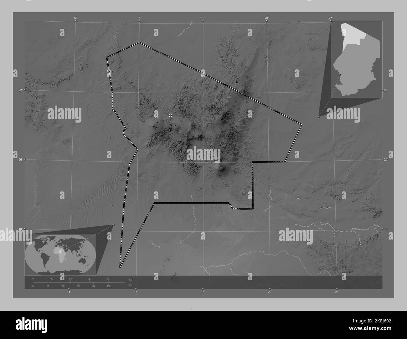 Tibesti, region of Chad. Grayscale elevation map with lakes and rivers ...