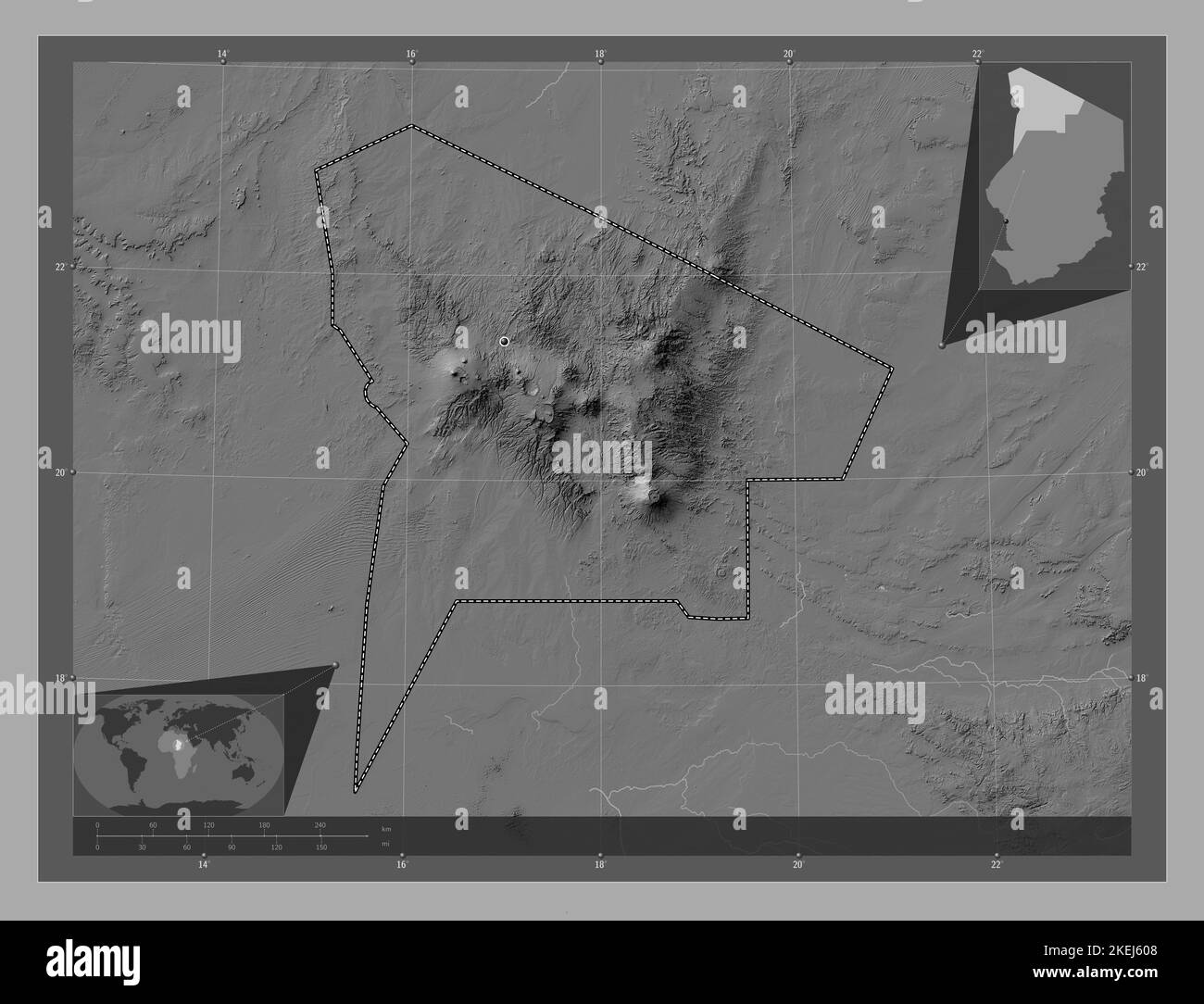 Tibesti, region of Chad. Bilevel elevation map with lakes and rivers ...