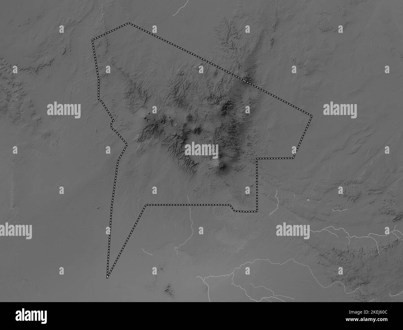 Tibesti, region of Chad. Grayscale elevation map with lakes and rivers ...