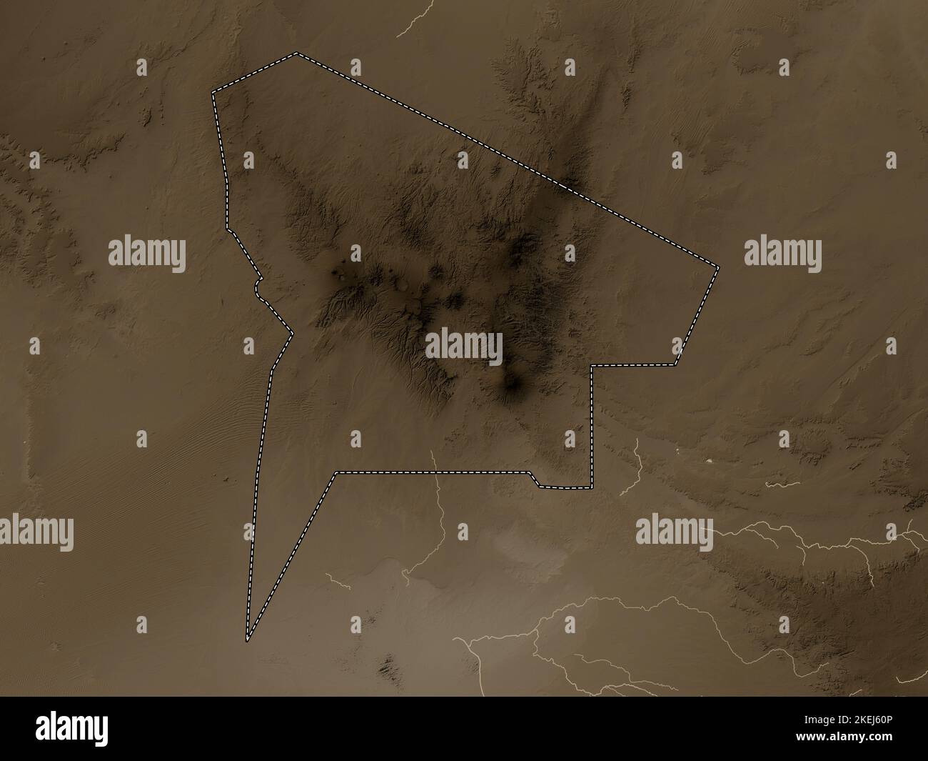 Tibesti, region of Chad. Elevation map colored in sepia tones with ...