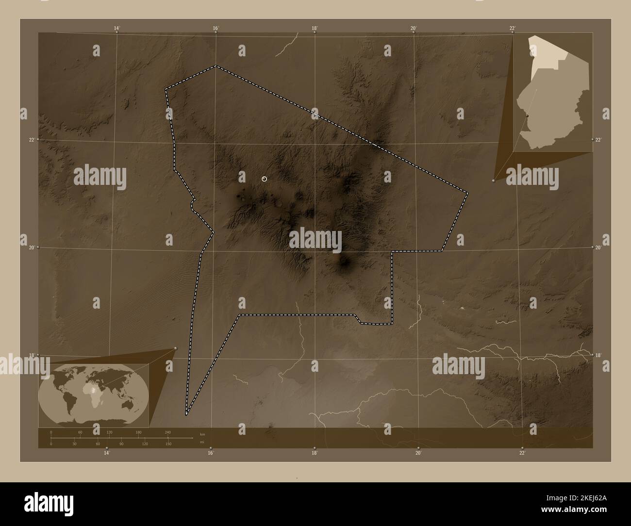 Tibesti, region of Chad. Elevation map colored in sepia tones with ...