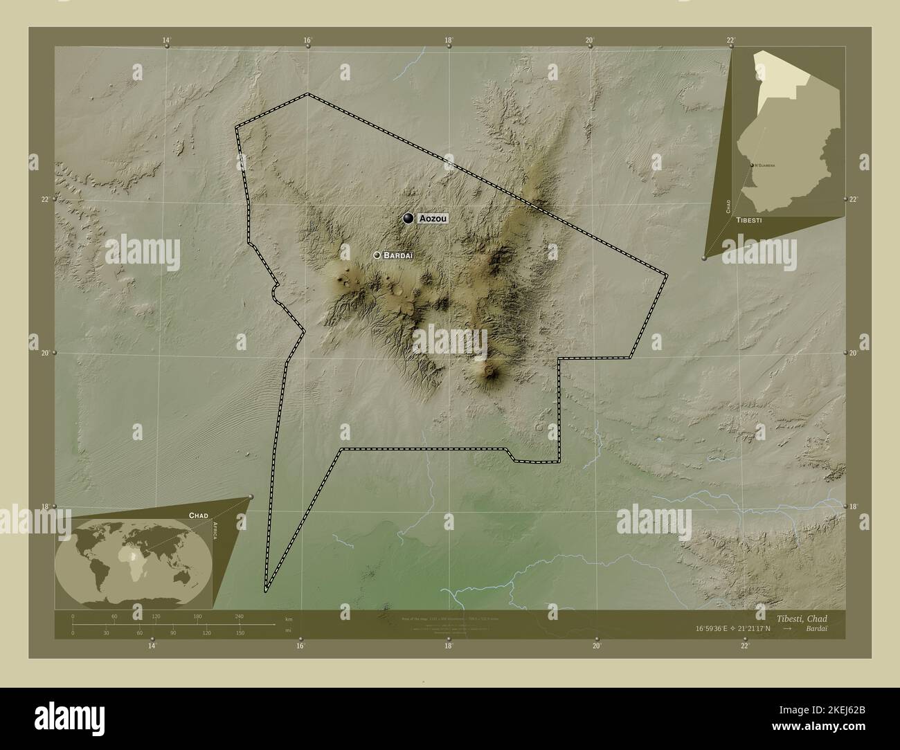 Tibesti, region of Chad. Elevation map colored in wiki style with lakes ...