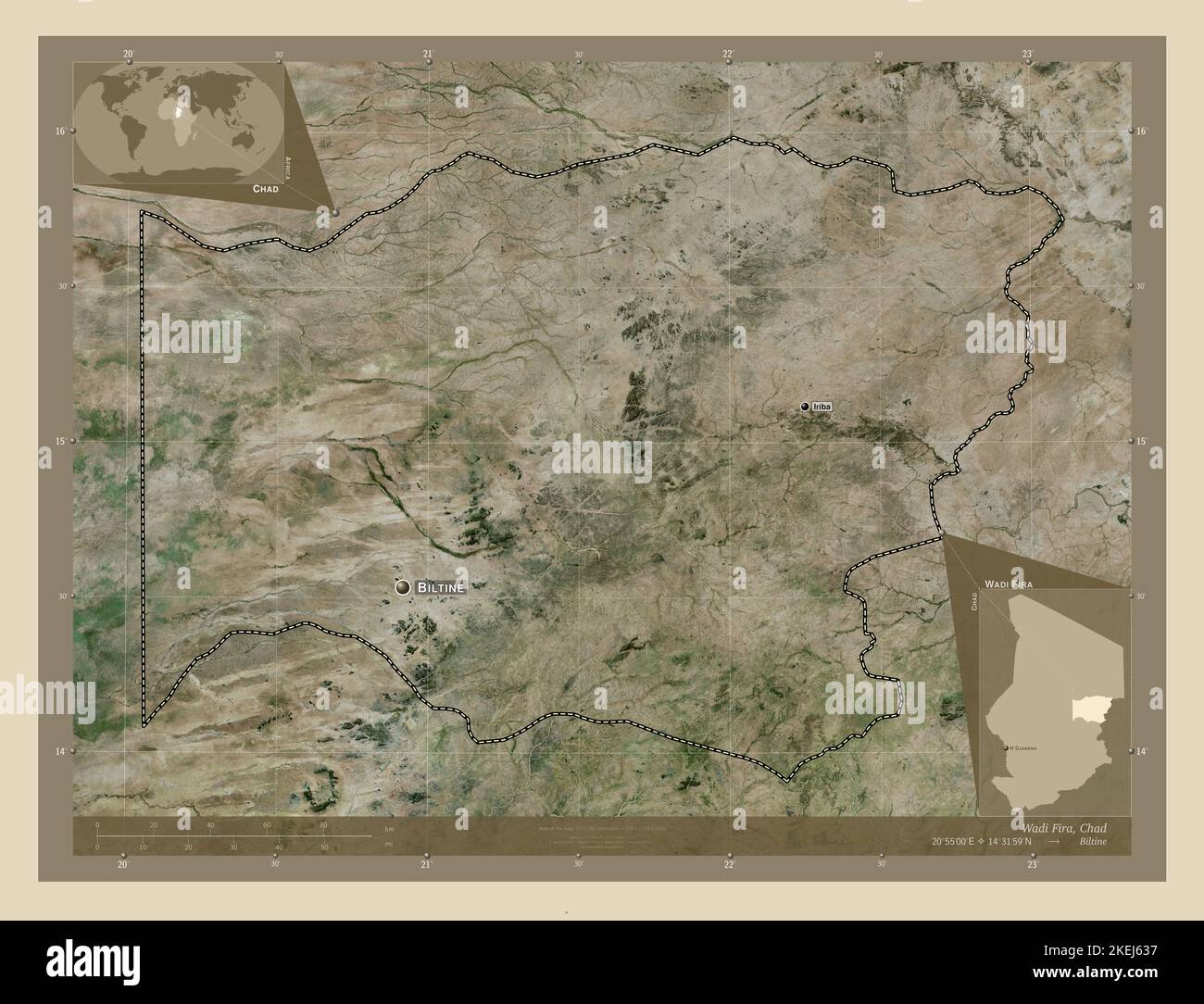 Wadi Fira, region of Chad. High resolution satellite map. Locations and ...