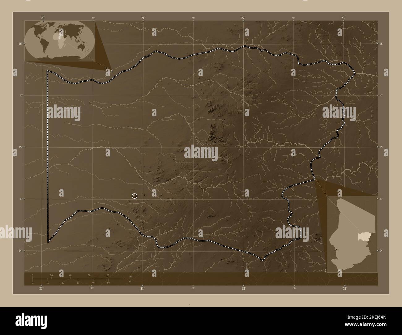Wadi Fira, region of Chad. Elevation map colored in sepia tones with ...