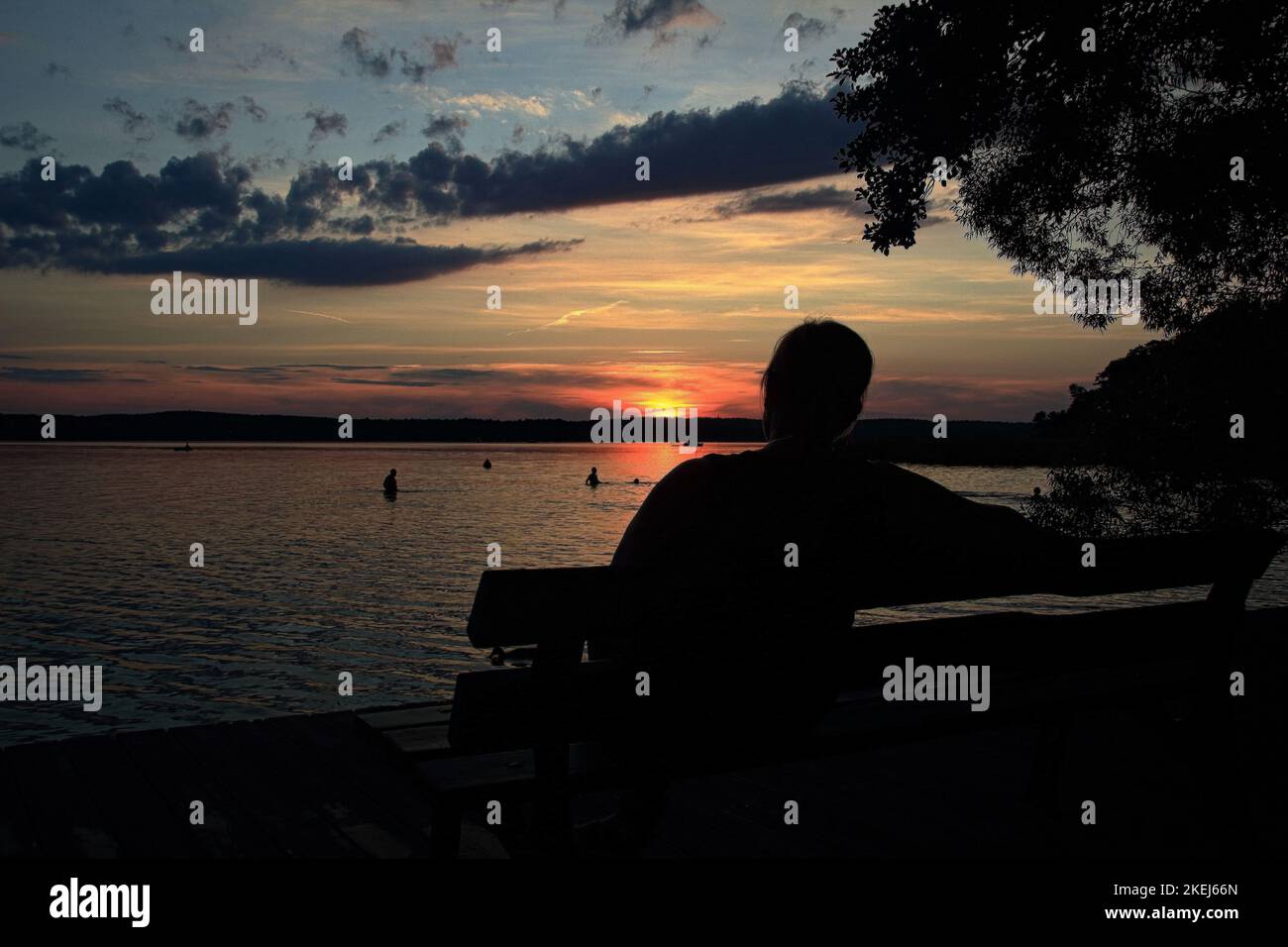 A silhouette of a man sitting on a bench looking at the beach during ...