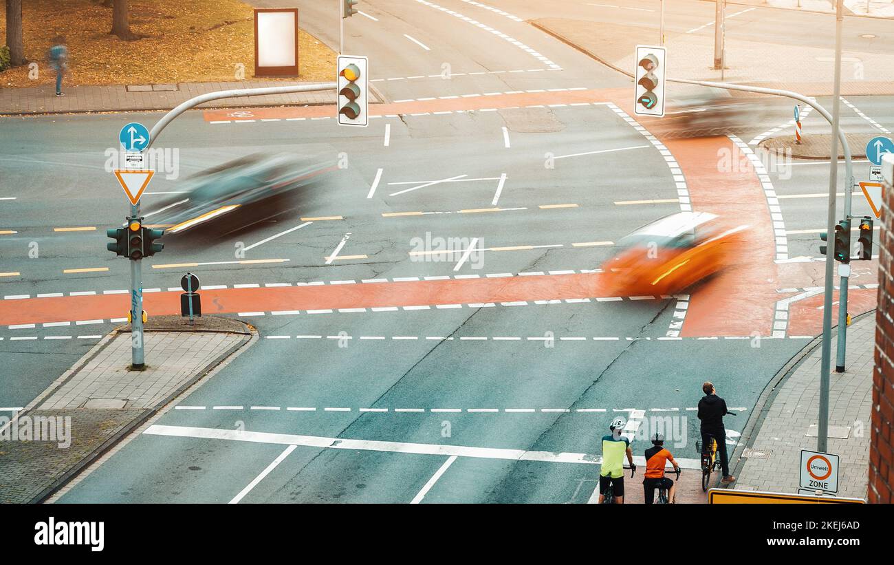 Aerial view of the city crossroads intersection junction with motion ...