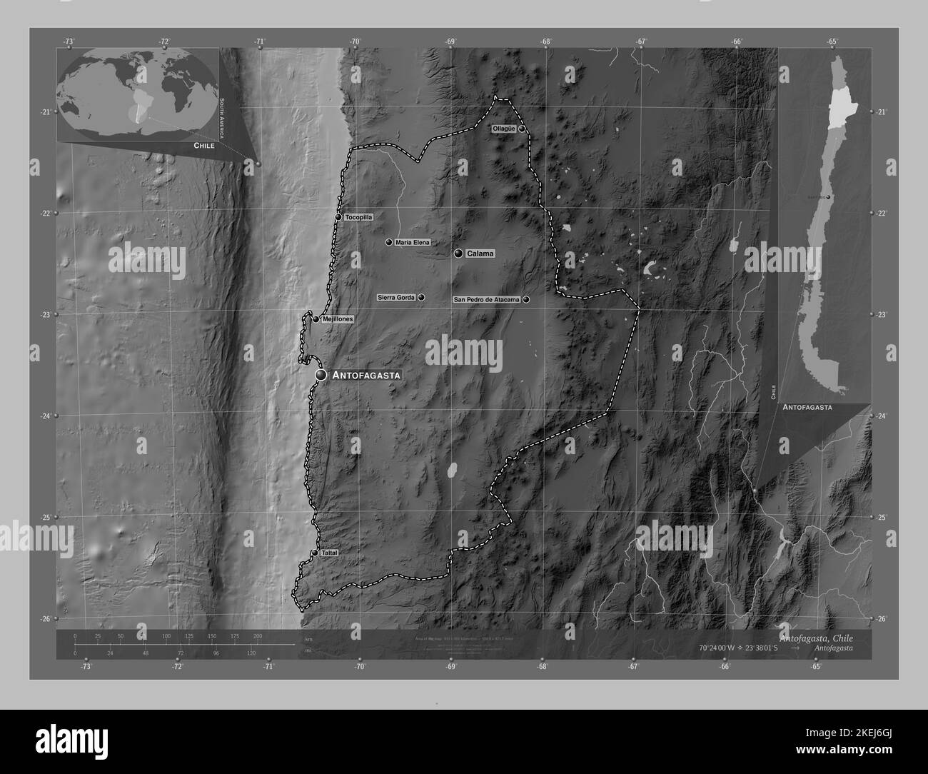 Antofagasta, region of Chile. Grayscale elevation map with lakes and ...