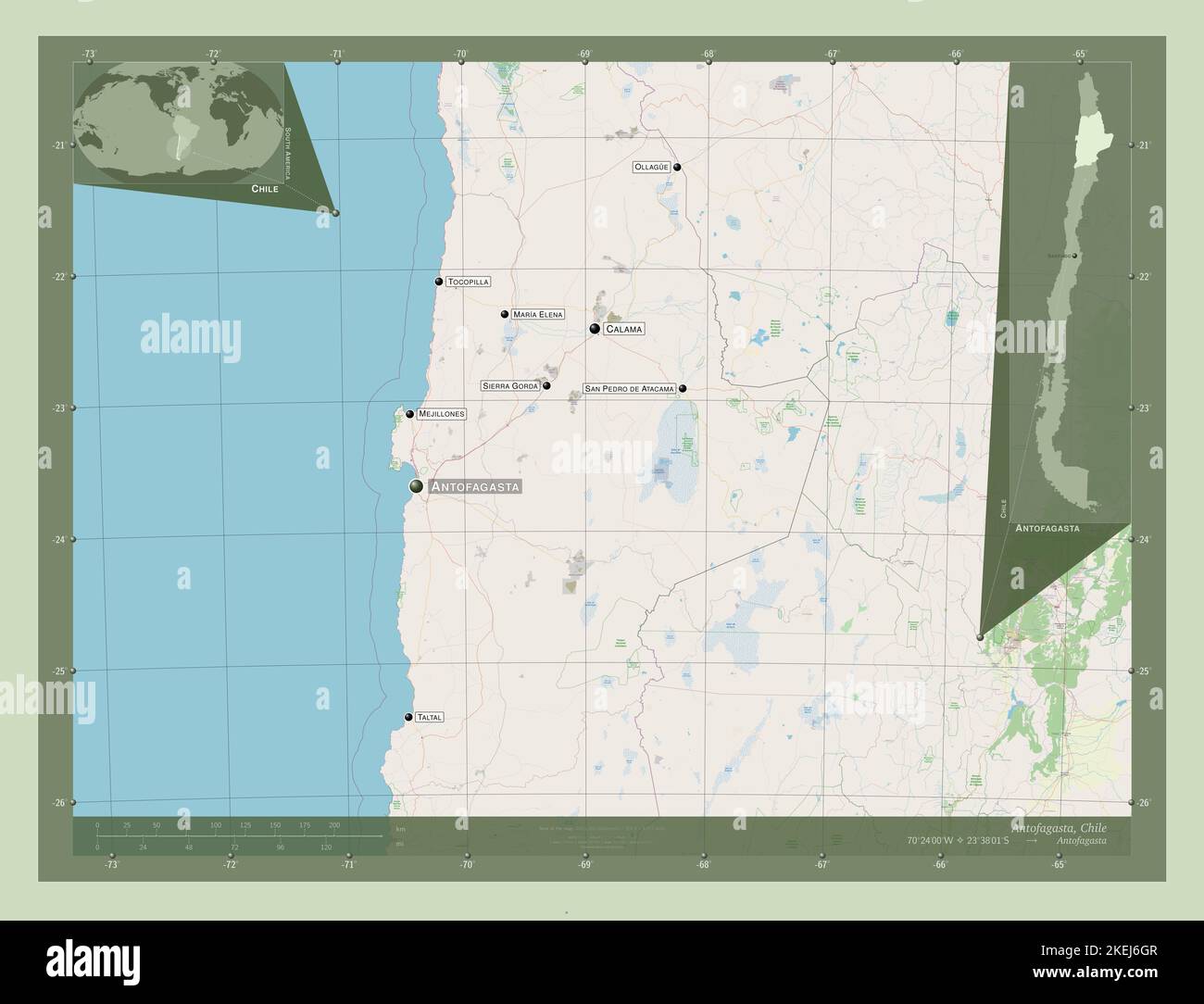 Antofagasta, region of Chile. Open Street Map. Locations and names of ...