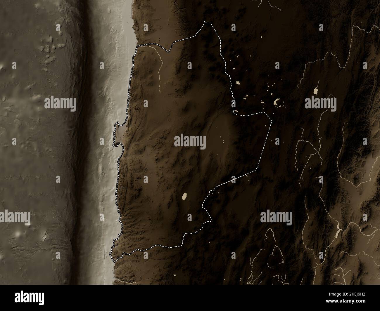 Antofagasta, region of Chile. Elevation map colored in sepia tones with ...