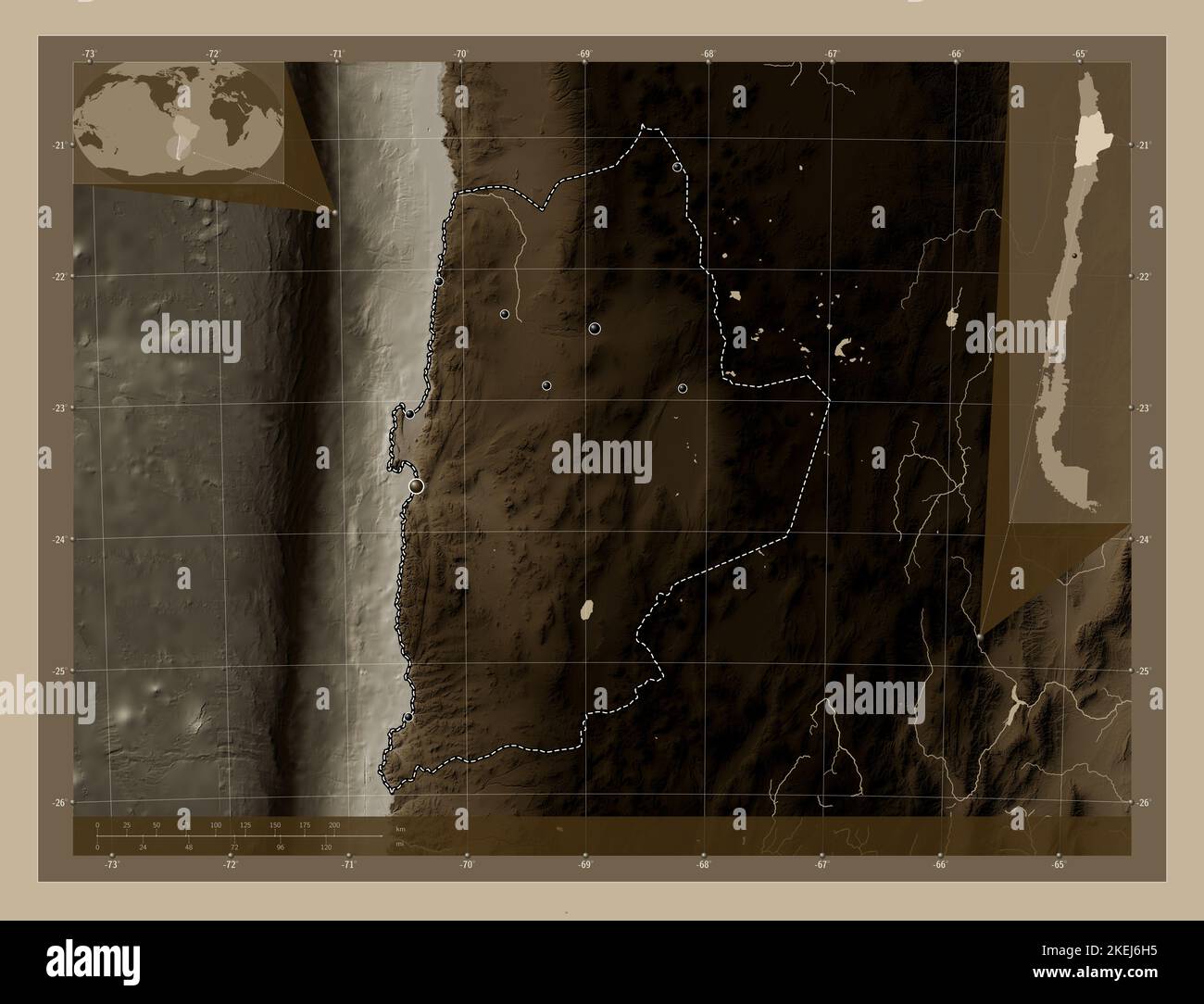 Antofagasta, region of Chile. Elevation map colored in sepia tones with ...