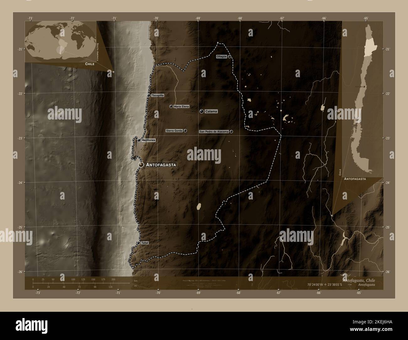 Antofagasta, region of Chile. Elevation map colored in sepia tones with ...