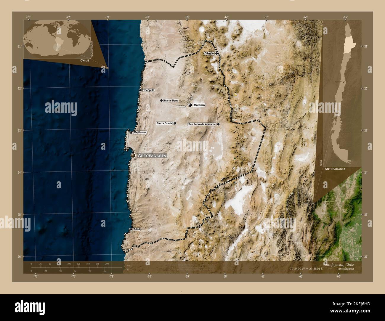 Antofagasta, region of Chile. Low resolution satellite map. Locations ...