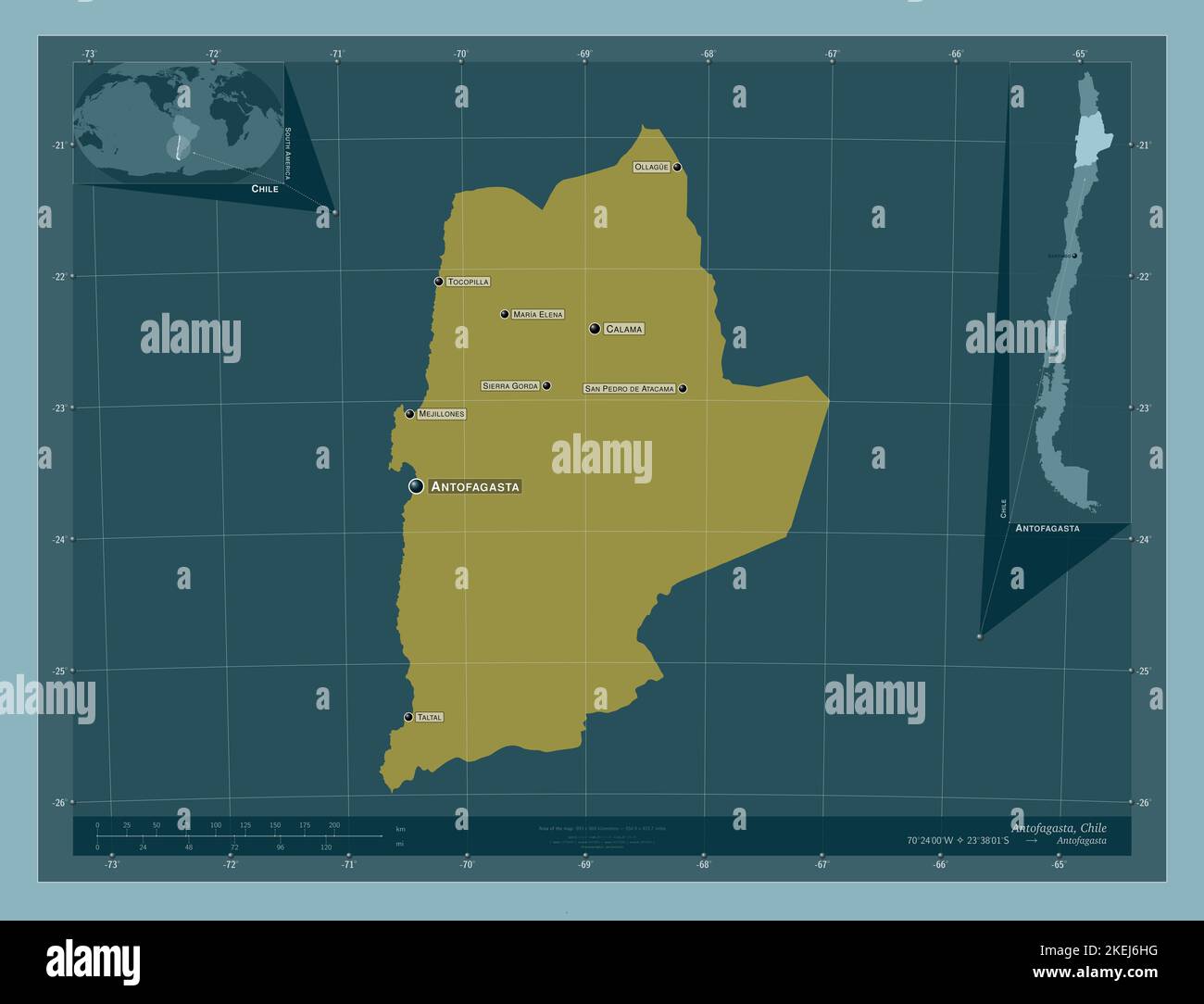 Antofagasta, region of Chile. Solid color shape. Locations and names of ...