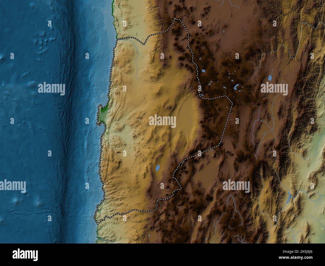 Antofagasta, region of Chile. Colored elevation map with lakes and ...