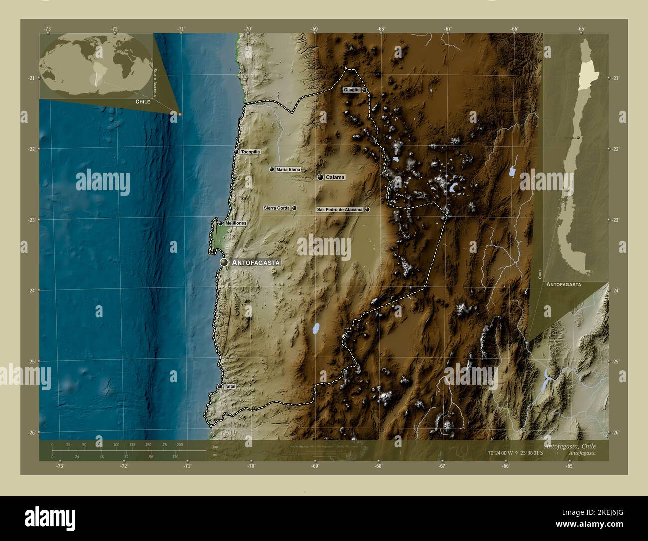 Antofagasta, region of Chile. Elevation map colored in wiki style with ...