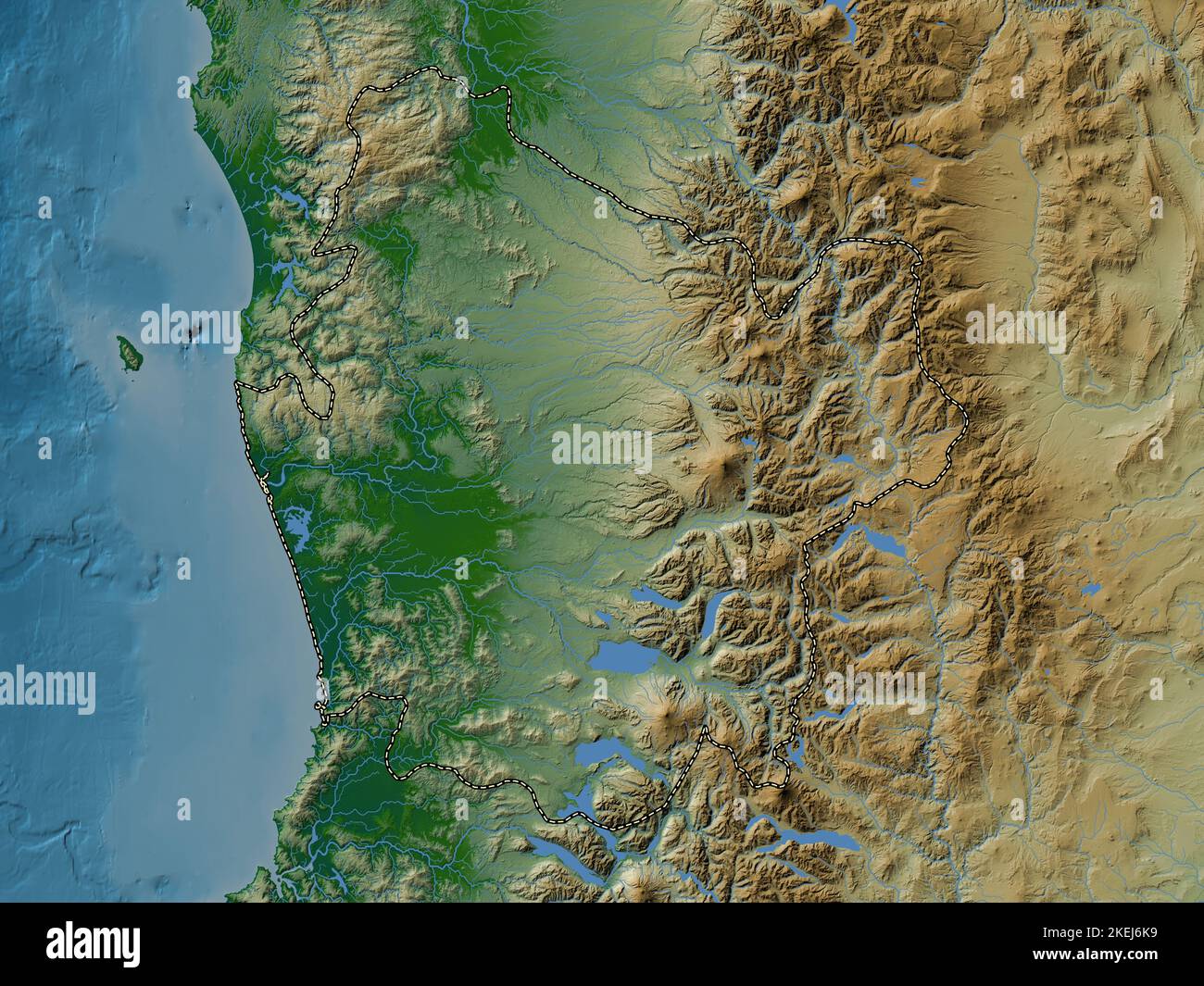 Araucania, region of Chile. Colored elevation map with lakes and rivers ...