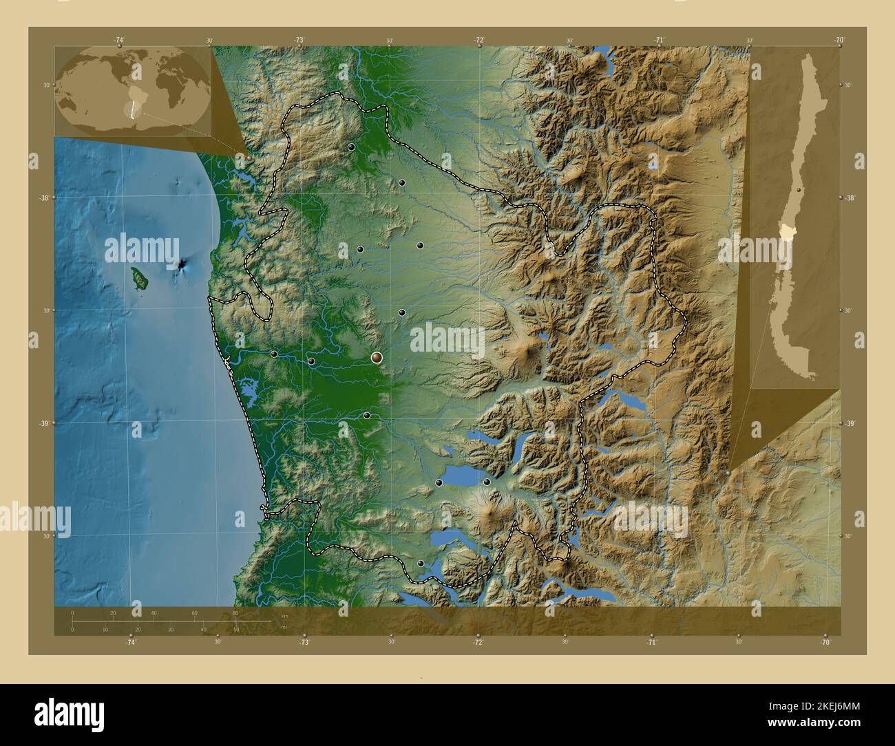 Araucania, region of Chile. Colored elevation map with lakes and rivers ...