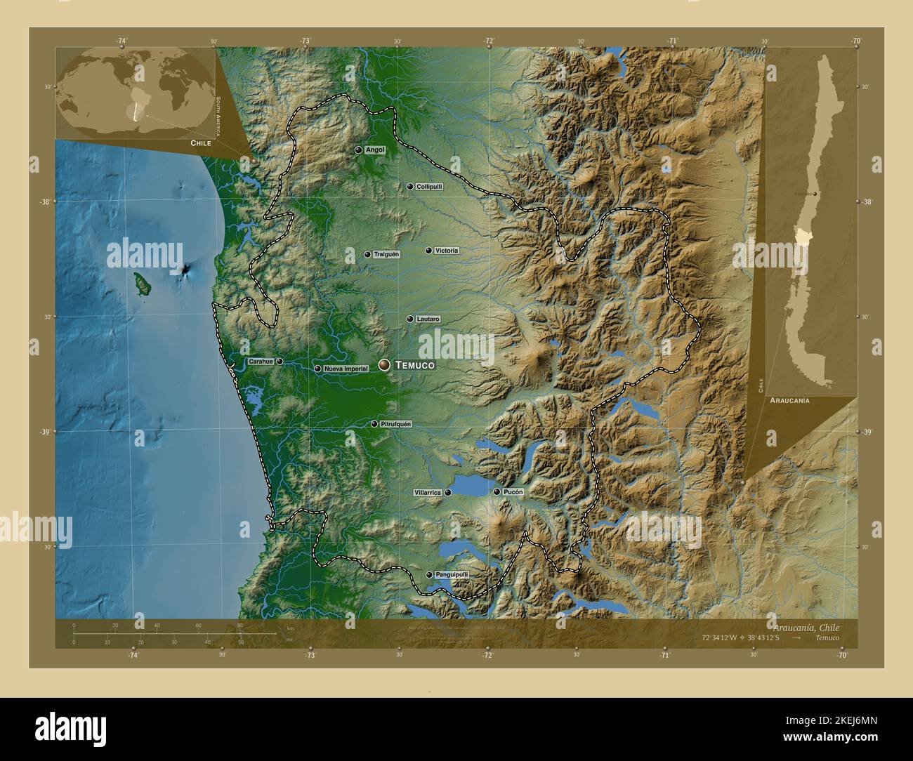 Araucania, region of Chile. Colored elevation map with lakes and rivers ...