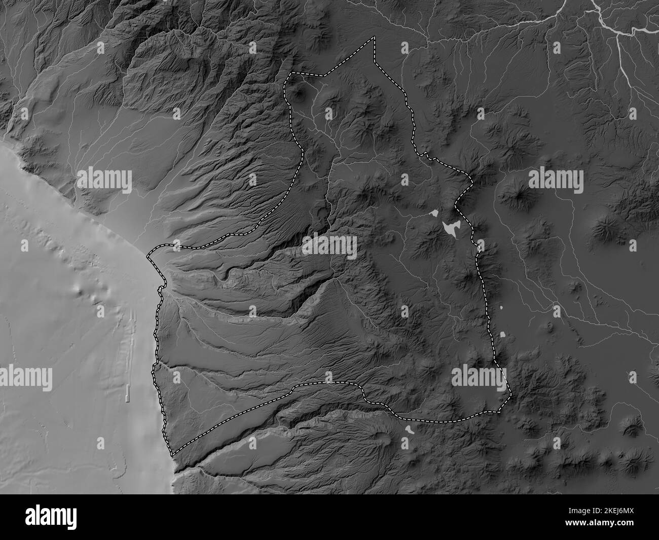 Arica y Parinacota, region of Chile. Grayscale elevation map with lakes ...